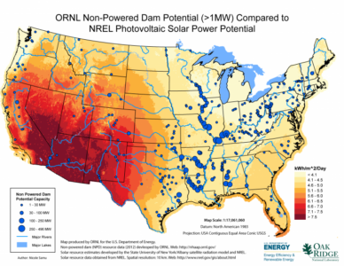 Map comparing non-powered dam and photovoltaic solar power potential ...