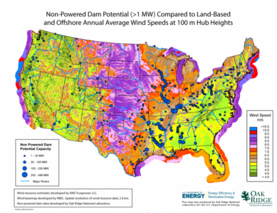 Map comparing non-powered dam potential to Average Annual Wind Speeds ...